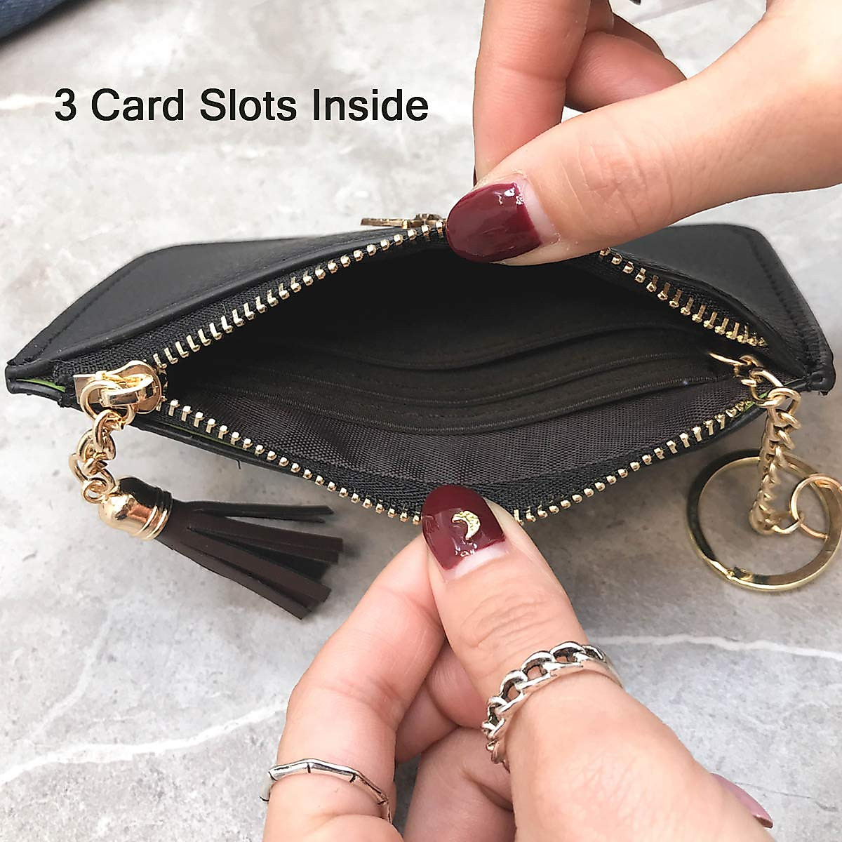 AnnabelZ Coin Purse Change Wallet Pouch Leather Card Holder with Key Chain Tassel Zip(Black)