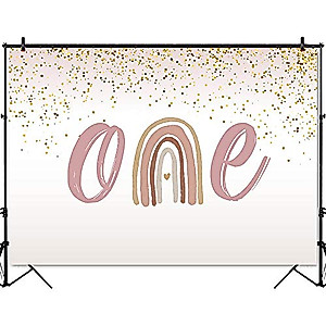 Mocsicka Boho Rainbow First Birthday Backdrop Modern Rainbow Birthday Background Rainbow Girls 1st Birthday Party Cake Table Decoration Photo Booth Props (7x5ft)