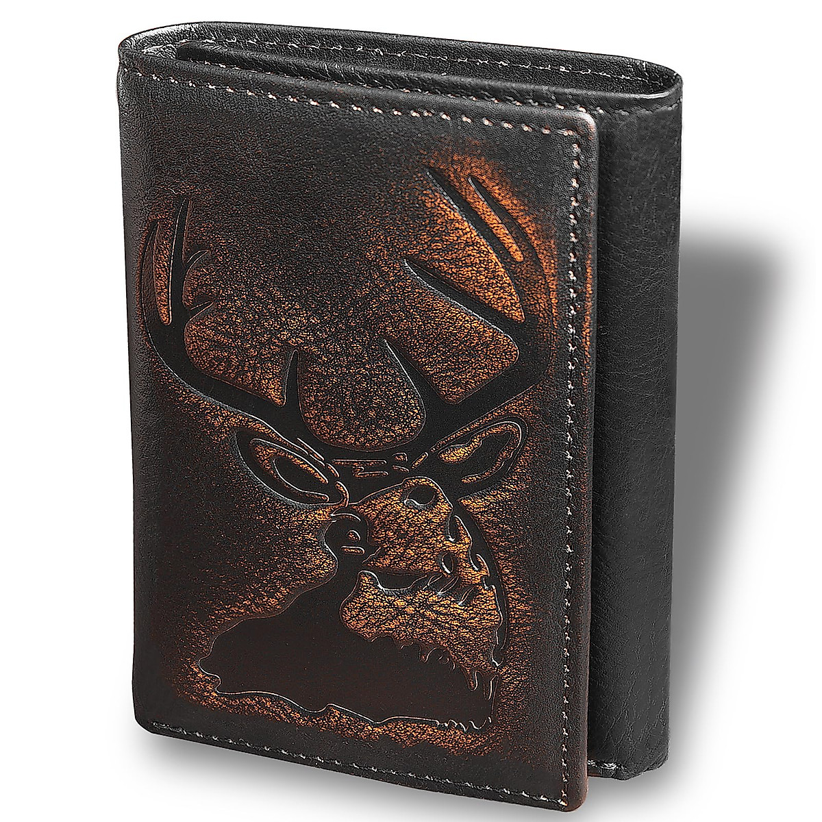 DK86 Deer Trifold Wallets for Men Full Grain Leather with Hand Burnished Tri-Fold Wallet RFID Blocking (Black and Brown)