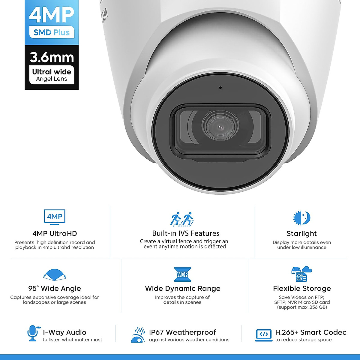 VALUCAM 4MP PoE Turret Camera, 0.006Lux@F1.6 Starlight IP POE Camera Outdoor, 2.8mm Fixed Lens with 98ft Night Vision, Human/Vehicle Detection Plus, Built-in Audio, IP67, DMSS & SmartPSS