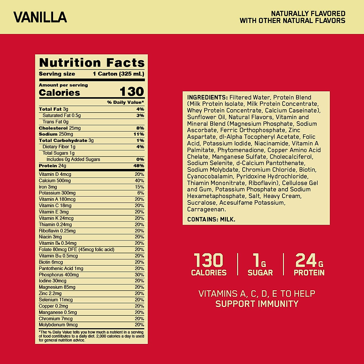 Optimum Nutrition Gold Standard Protein Shake, 24g Protein, Ready to Drink Protein Shake, Gluten Free, Vitamin C for Immune Support, Vanilla, 11 Fl Oz, Pack of 4 (Packaging May Vary)