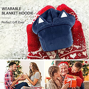 FBSPORT Wearable Blanket Hoodie, Oversized Blanket Sweatshirt for Women Men Adults Teens, Super Soft Warm Flannel & Sherpa Sweatshirt Blanket with Pocket, Blue