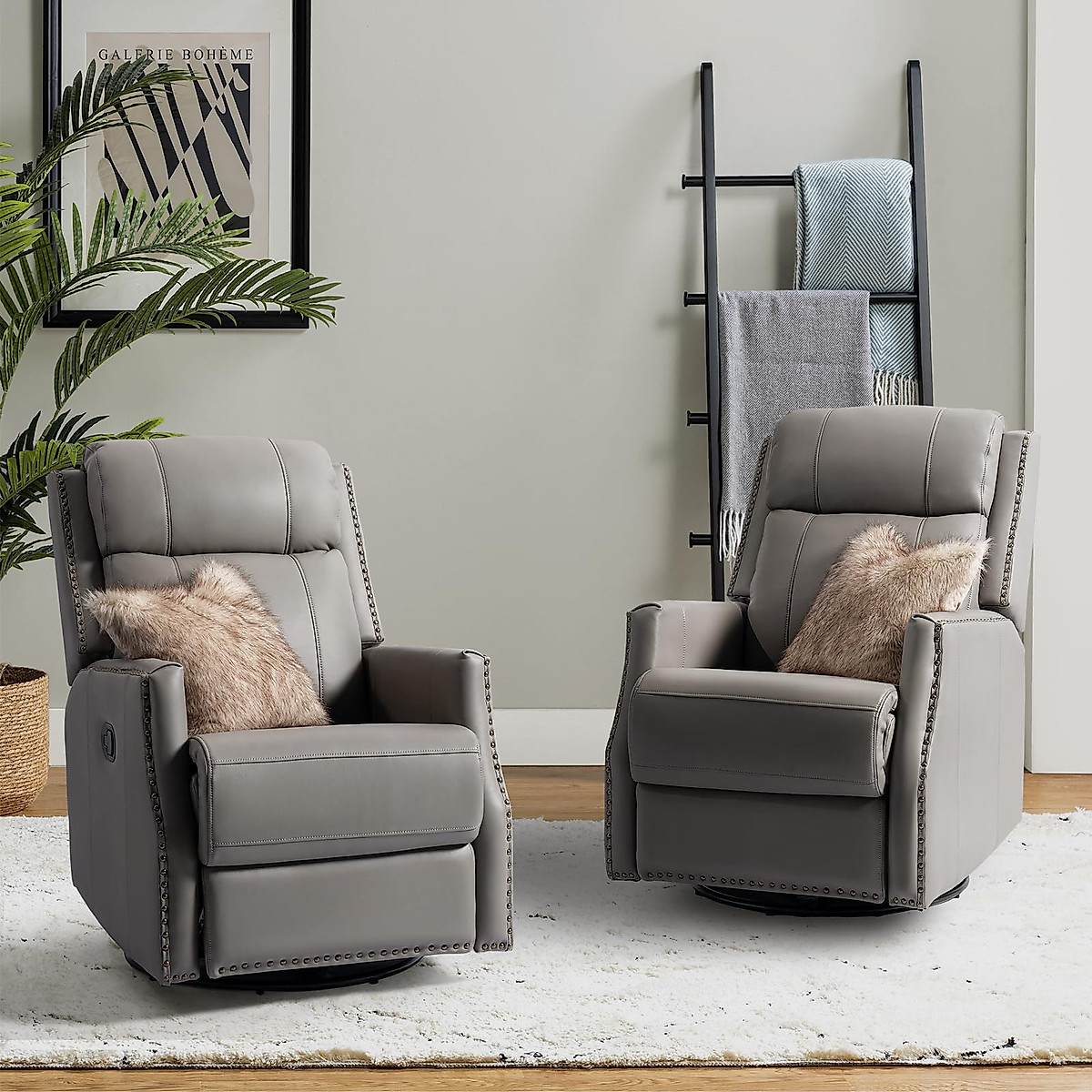 HULALA HOME Genuine Leather Swivel Rocker Recliners Set of 2 with Metal Base, Manual Glider Recliner Chairs with Adjustable Backrest & Footrest, Home Theater Sofa Armchairs for Living Room, Dove