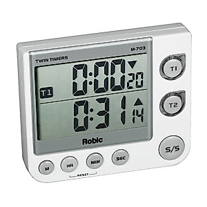 Robic M-703 Twin Timers; Countdown, Countup Game and Activity Timer; Flashing LED confirms Activity, Silent, Medium or Extra Loud Alarm at Completion…America's Timer, White, One Size