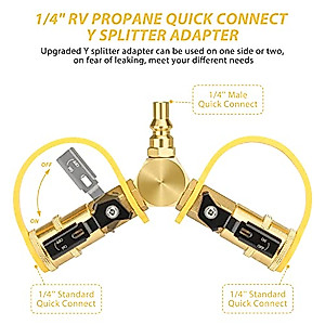EEEKit 1/4" RV Propane Quick Connect Y Splitter Adapter with Shutoff Valve for RV, Trailer, Quick Connect Propane Hose to Grill, Camper, BBQ, 2 Way 1/4 inch Quick Connect or Disconnect Kit