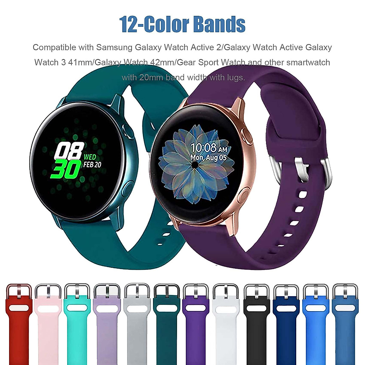 EnoYoo 12 Color Bands Compatible with Samsung Galaxy Watch 4 Galaxy Watch Active 2 40mm 44mm Galaxy Watch 4 Classic Galaxy Watch 5 Watch 5 Pro Watch 3 41mm, 20mm Soft Silicone Sport Strap for