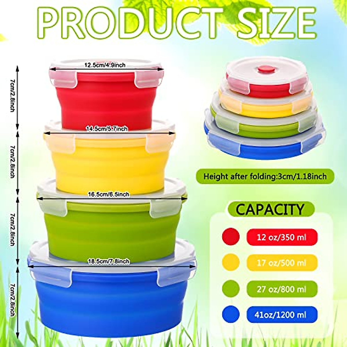 Nuenen Set of 8 Collapsible Food Storage Containers with Lids Silicone Flat Collapsible Bowls for Stacks Travel Camping Meal Prep Container for Kitchen, Freezer Microwave Dishwasher Safe (Round)