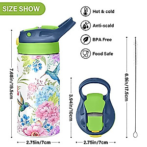 Flower Birds Kids Water Bottle with Straw Lid - 12 oz Double Wall Vacuum Insulated Stainless Steel Water Bottle Leak Proof Reusable Thermos for Toddlers, Girls, Boys