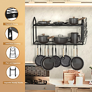 LADER 30Inch Wall Mounted Pot Rack, 2 Tiers Pots and Pans Organizer for Kitchen Organization & Storage, Large Size Black Hanging Pot rack, Wall Shelf with 5 connect Hooks