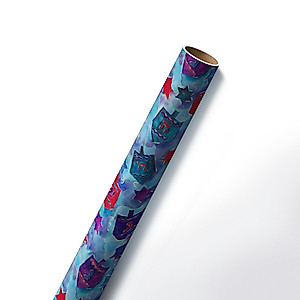 Designer Greetings Glitterwrap™ Hanukkah Gift Wrap – Dreidels, Star of David, Menorahs, Coins and Blue Striped Pattern (4 Rolls/Designs Per Pack, 30” x 192”, 40 Sq. Ft.)