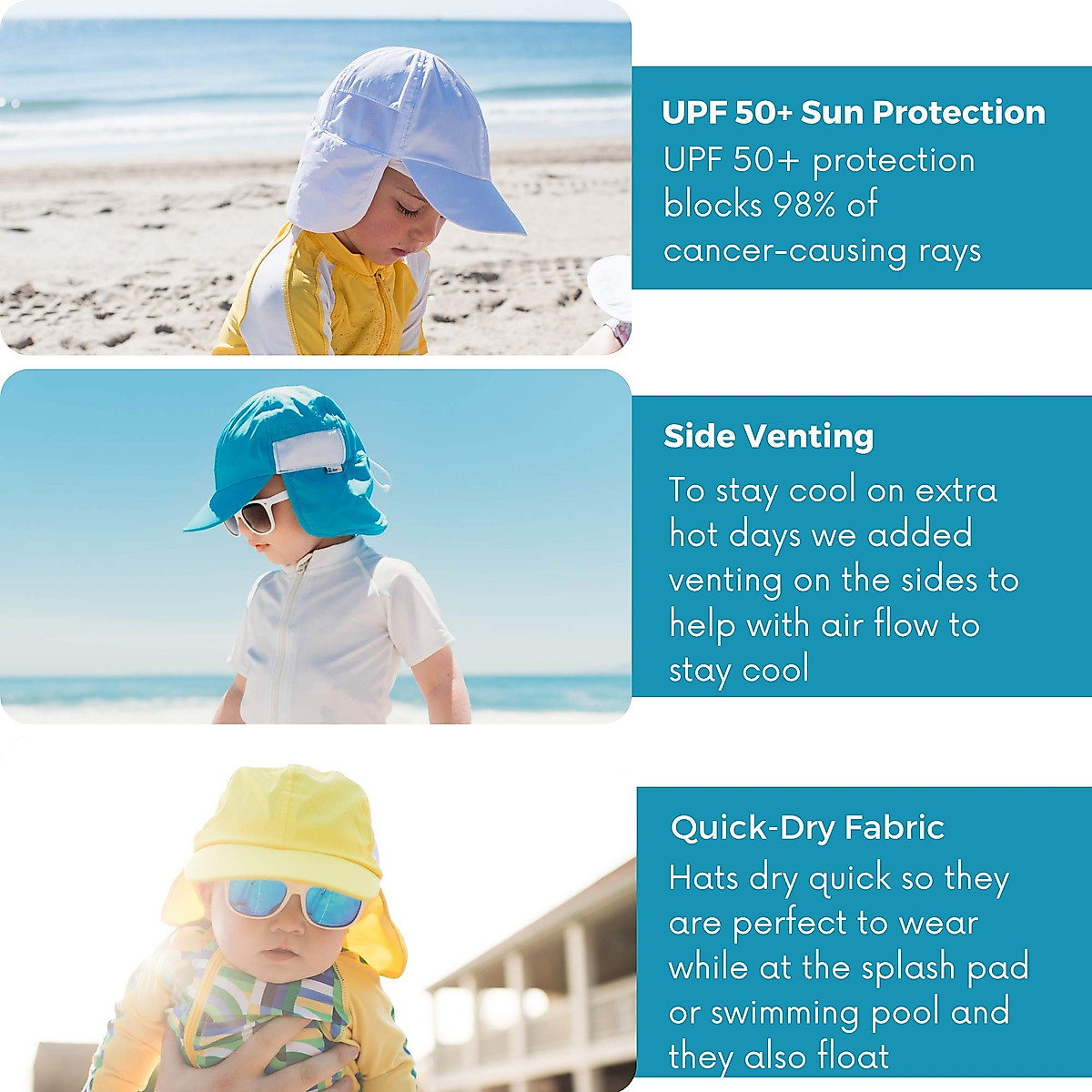 SwimZip Sun Hat with Neck Flap | UPF 50+ Protection for Baby, Toddler, and Kids Aqua