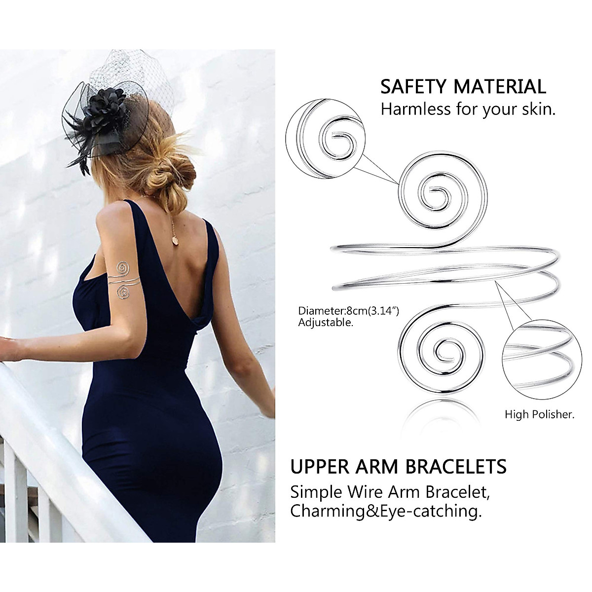 Jstyle 4Pcs Coil Upper Arm Cuff Open Arm Bracelet for Women Victorian Filigree Swirl Boho Armband Bangle Armlet Adjustable