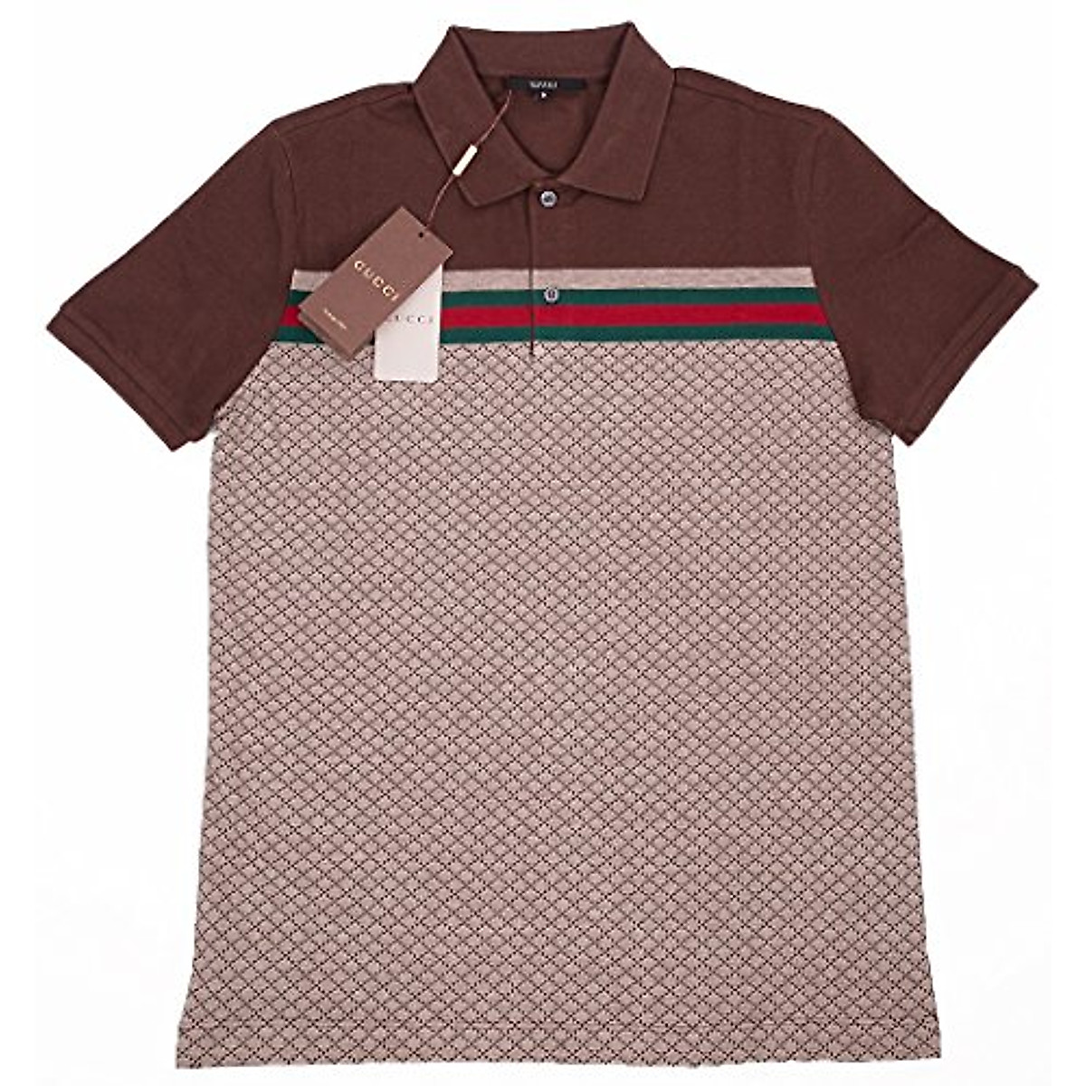 Gucci Mens Polo Shirt Brown with Diamante Print and Front Stripe Signature (XL)