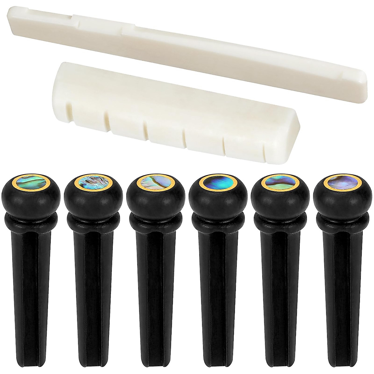 Blisstime 6 String Acoustic Guitar Bone Bridge Saddle and Nut and 6pcs Ebony Guitar Bridge Pins