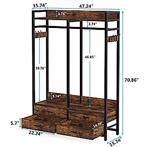 Tribesigns Freestanding Closet Organizer for Hanging Clothes, Heavy Duty Garment Rack with 4 Drawers, 8 Hooks and Storage Shelves, Wardrobe Closet Clothing Rack for Bedroom, Living Room, Rustic Brown