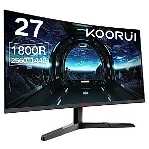 KOORUI QHD Curved 27 Inch Monitor, Fast VA Computer Gaming Monitor(2560 * 1440P, R1800, 144Hz, 1ms, DCI-P3 85%, DP+HDMI, Game Mode, Eye Protection, Rocker Button), Narrow Bezel