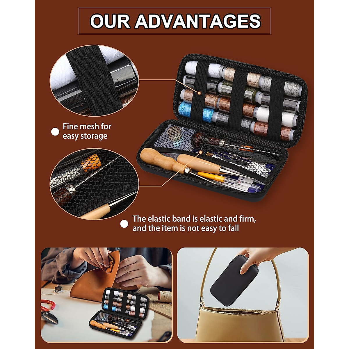 BAGERLA Upholstery Repair Kit, 48pcs Leather Sewing Kit with Upholstery Thread, Sewing Awl, Seam Ripper, Needles, Thimble Leather Stitching Kit for Carseat Carpet Shoes Backpack Repair DIY Crafting