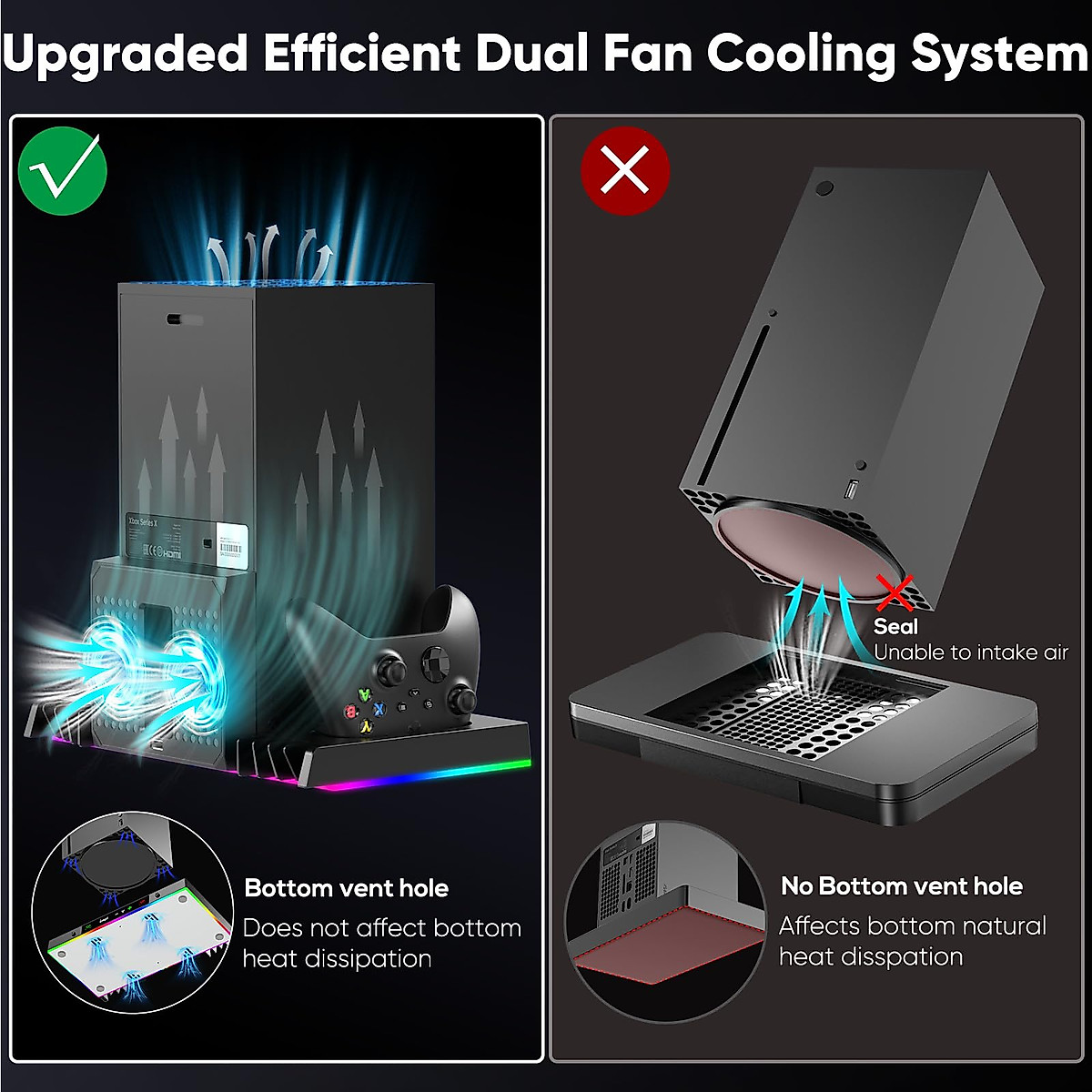 Upgrade Cooling Fan &Dual Controller Charging Station for Xbox Series X with 15RGB Light, Vertical Stand Charger Dock with 2 Rechargeable Batteries Packs, Cooler System with Disc Accessories Storage