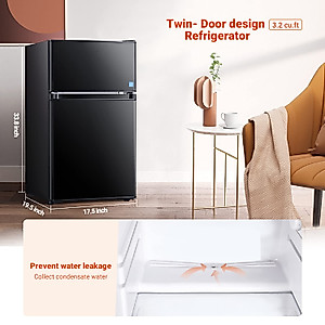 DSF Mini Fridge with Freezer, 3.2 Cu.Ft Mini Refrigerator, 2 Door, 37DB Low Noise, Engery Saving with LED Light, Low-frost Mini Fridge for Bedroom, Office, Dorm, RV, Apartment, Black- MPBFD321