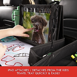 Lusso Gear Kids Travel Tray (Black) + Heavy Duty Car Seat Organizer (Black), Extra Large for Protection, Sag Proof & Reinforced Corners, Protects iPad & Backseat, 12 Versatile Car Seat Organizer Stora