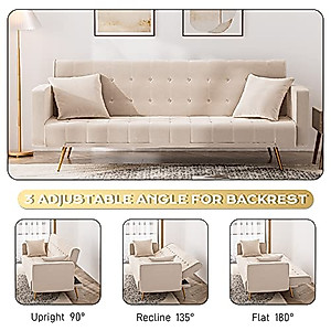 OUYESSIR Velvet Futon Sofa Bed with 2 Pillows, Convertible Futon Couch, Sturdy Sleeper Sofa in 71 inch, Small Futon Sofas (Beige)