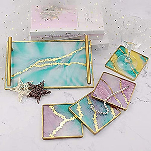 RESINWORLD Resin Tray Mold, 1Pc Thick Rectangle Tray Mold with 4 Pack Square Coaster Molds, Shiny Flat Edge Coaster Tray Silicone Mold for Resin Casting