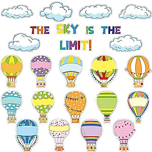BeYumi 65Pcs Hot Air Balloon Cloud Classroom Bulletin Board Decoration Set Colorful Accents Cutouts Name Tags Labels Teacher Student Back to School Party Supplies for Elementary Preschool Kindergarten