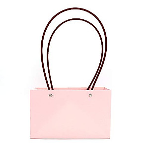 Shiwaki 5pcs Kraft Paper Flower Gift Bags Bouquet Bags Box Waterproof Brown Paper Carrier Bags with Handle Tote Bags for Birthday Wedding Party Favors - Pink