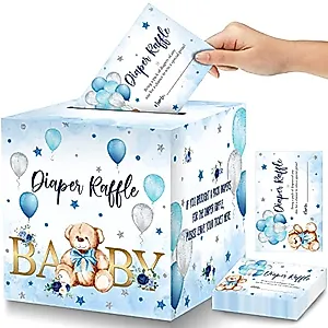 50 Pieces Diaper Raffle Tickets with Baby Shower Games Box Bear Baby Shower Game Insert Card Blue Diaper Raffle Sign Box Holder for Bear Baby Shower Gender Reveal Birthday Party Game Supplies