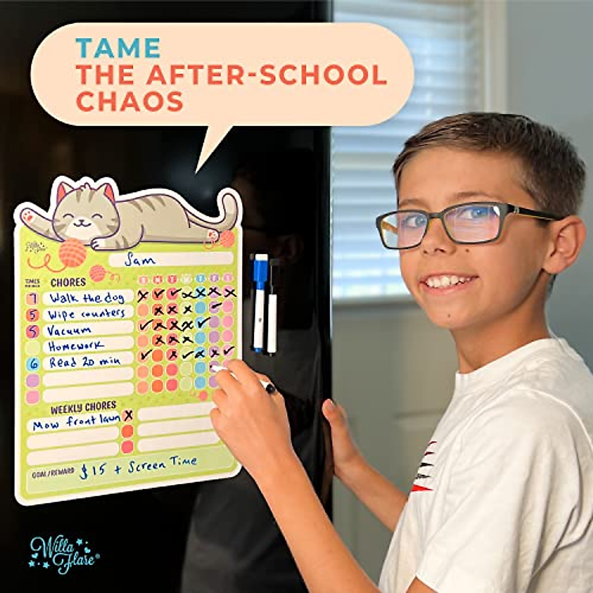 Willa Flare Fridge Chore Charts | Magnetic Chore Chart For Multiple Kids and Adults | Helps to Reward Responsibility with Family Chores Charts | Wet and Dry Markers (Gray Cat Weekly and Brown Ca)
