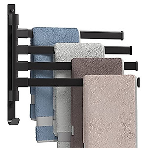 KLDKLD Swivel Towel Rack,Wall Mounted Towel Bar for Bathroom,4-Arms Towel Rack with Hook, Space Saving Towel Holder for Bathroom