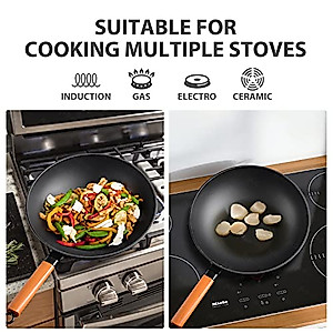 Carbon Steel Wok, 9 Pcs Wok Pan with Iron Lid & Handle Stir-Fry Pans 12.8" Chinese Wok Flat Bottom Wok with Cookware Accessories Suitabe for all Stoves (Black)