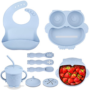 UHdod Silicone Baby Feeding Set, 12 PCS Baby Led Weaning Supplies with Suction Baby Plate and Bowl Set, Baby Spoon and Fork, Adjustable Bib, Sippy Cup with Straw and Lid, Baby Utensils for 6+Months