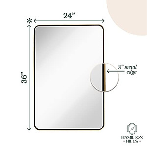 Hamilton Hills 24x36 inch Metal Gold Frame Mirror for Bathroom | Brushed Rectangular Rounded Corner Vanity | 2" Deep Set Design Large Wall Mirrors Decorative | Hangs Horizontal and Vertical