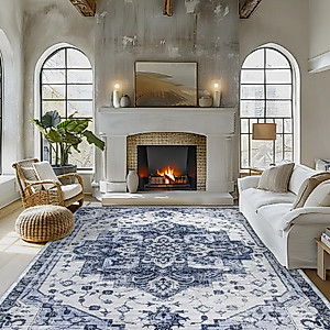 Washable Rug Living Room Rugs: 9x12 Area Rug Large Soft Boho Vintage Medallion Carpets Indoor Floor Anti Slip Non-Shedding Thin Carpet for Bedroom Dining Room Farmhouse Nursery Home Office-Blue/White
