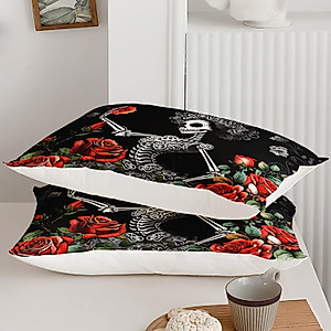 AILONEN Sugar Skull Duvet Cover Set Queen Size, Skeleton Bone Printed Bedding Set,Red Floral Rose Skull Sugarskull Comforter Cover Set,3 Pieces Duvet Cover Set, 1 Quilt Cover and 2 Pillowcases
