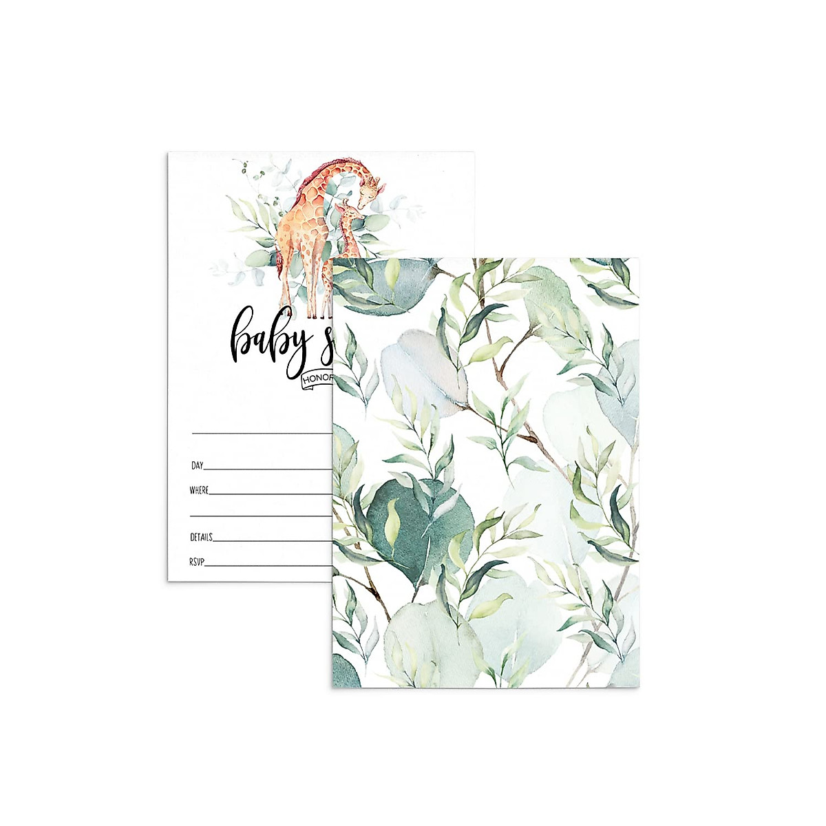 Giraffe Baby Shower Invitations Gender Neutral (25 Pack) Blank Invites for Reveal Parties – Greenery Theme Boy or Girl – Handwrite Party Details on Printed Invitation with Envelope Set 5x7