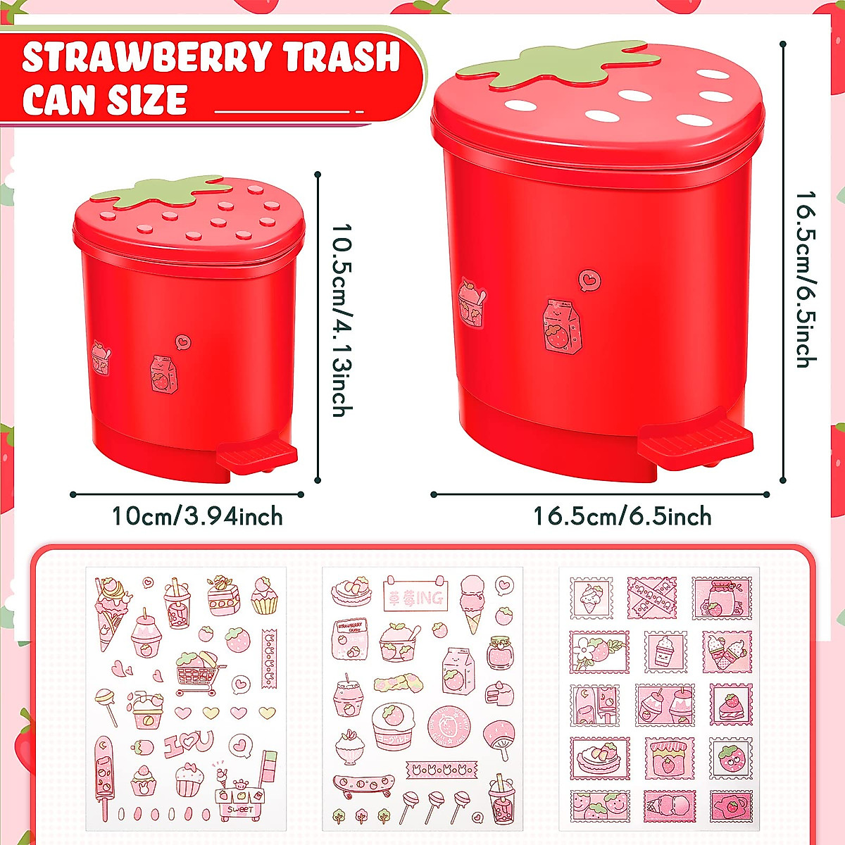 Tessco 2 Pieces Strawberry Desk Trash Can Cute Mini Countertop Trash Can with Lid Kawaii Small Garbage Can Plastic Waste Bin with Sticker for Car Office Home Bedroom Bathroom Kitchen Decor(Red)