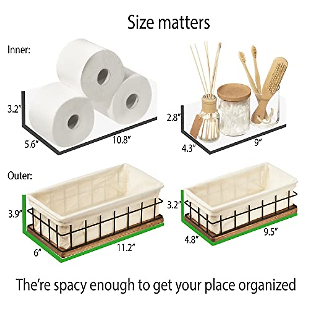 BAOBAB WORKSHOP Bundle - 2 Items: Wood and Wire Baskets with Floating Shelves for Bathroom Decor, Toilet Paper Storage, Living Room Bedroom and Kitchen