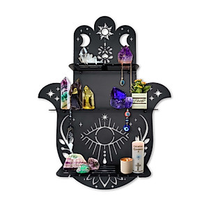 Hamsa Hand Crystal Display Shelf Metal Hamsa Wall Decor Floating Shelf Crystal Holder Spiritual Room Decor Shelf Evil Eye Decor Spiritual Decor Shelf for Stones Essential Oil Witch Decor Shelf