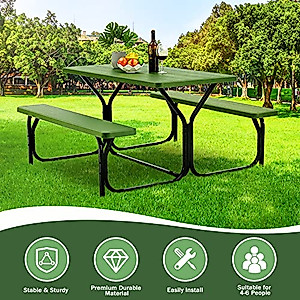BETELNUT Picnic Table Bench Set Patio Camping Table with All Weather Metal Base and Plastic Table Top Outdoor Dining Garden Deck Furniture (Green)
