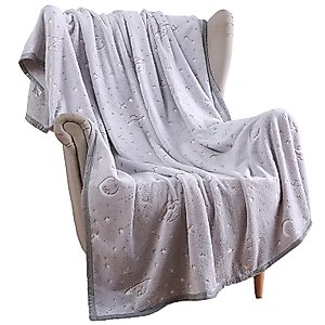 Glow in The Dark Throw Blanket for Kids, Soft Fleece Blanket for Couch Bed, Outdoor Fuzzy Blanket with Galaxy Planet Pattern, Birthday Gifts for Girls Boys and Toddler Grey 50x60 Inch