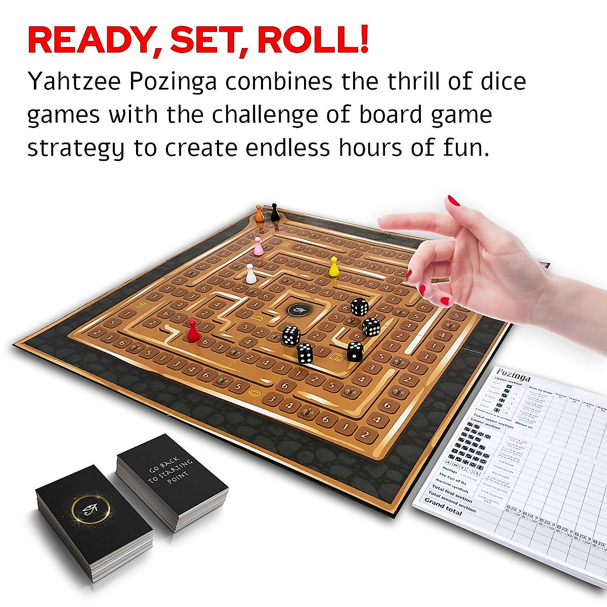 Yahtzee Pozinga Board Game for the whole Family | Dice Scoreboard Pawns and Playing Cards