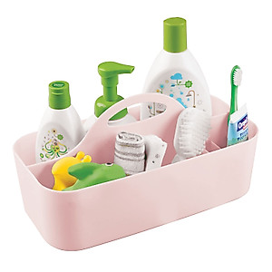 mDesign Plastic Portable Nursery Storage Organizer Caddy Tote - Divided Basket Bin with Handle - Holds Bottles, Spoons, Bibs, Pacifiers, Diapers, Wipes, Baby Lotion - Lumiere Collection - Light Pink