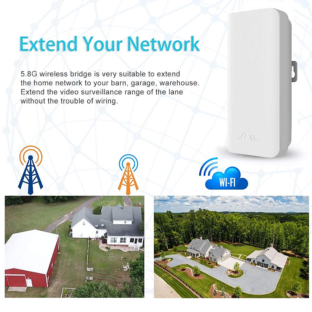 CPE220 5.8G Wireless Bridge W/Bracket Mount,PTMP WiFi PTP Point to Point Access Outdoor Network CPE 2KM Transmission Distance with 12DBi Antenna 2 LAN 100MBps Ethernet Port 24V PoE 2-Pack