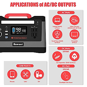 Bawaut Portable Power Station,540Wh Backup Lithium Battery, 110V/500W AC Outlet Outdoor Generators,12V DC & USB, USB-C Outputs, Solar Rechargeable Backup Power for Travel Camping Emergency