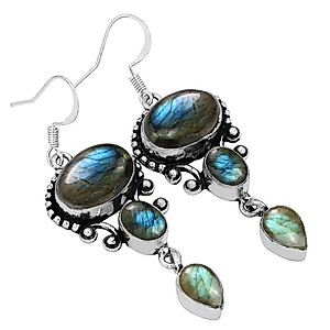 16.96 Cts Natural Labradorite Dangle Earrings For Women, Handmade Birthstone Jewelry Mother's Day Gifts For Mom Wife