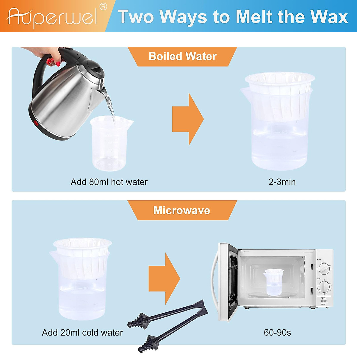 Nose Wax Kit, Auperwel Nose Ear Hair Instant Removal Kits 15-20 Times Usage, Nostril Waxing Kit for Men Women, Safe Easy Quick, 100g Wax, 20 Black Stcik Applicator, 15 Mustache Guards, 10pcs Paper Cup