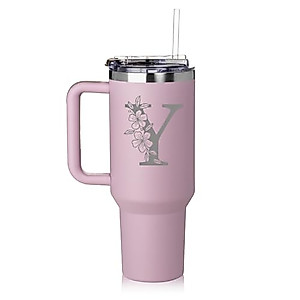 Daylor 40 oz Tumbler with Handle and Straw Lid Stainless Steel Insulated Travel Mug Cup Floral Monogram Letter Y (Purple)