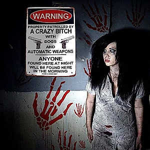 Kaliosy Warning Signs Halloween Decorations “Warning Property Patrolled By A Crazy Bitch” with Gun Graphic Vintage Metal Plaque for Horror Themed Party Indoor Outdoor Home Wall Decor 12x8inch
